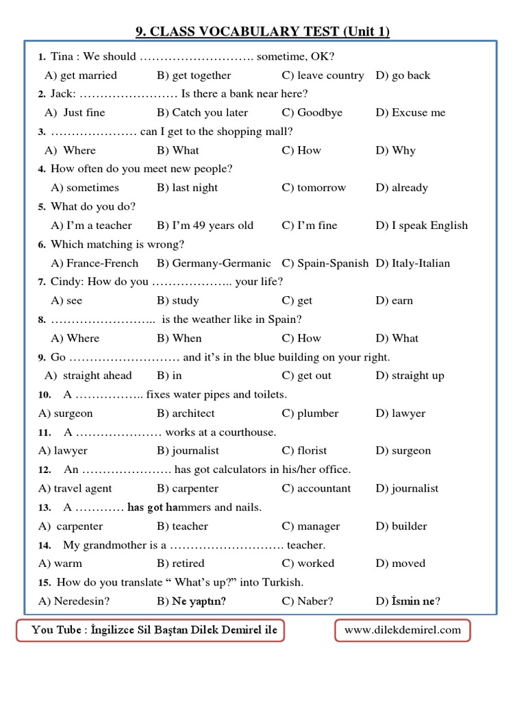 Class Vocabulary Test (Unit 1) | PDF
