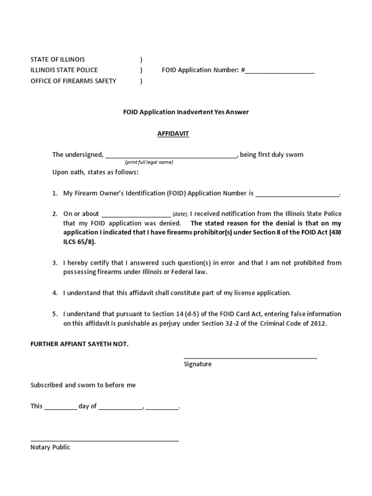 FOID Application Inadvertent Yes Answer Affidavit: (Print Full Legal ...