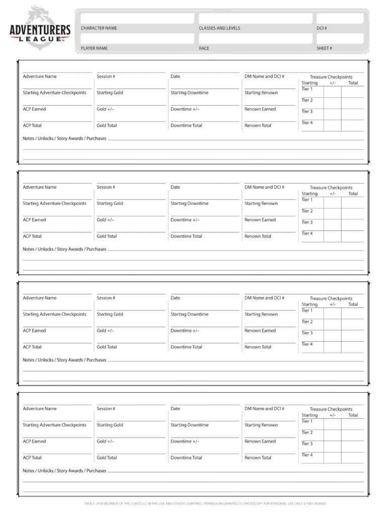 Adventurers League Season 8 Form Fill Log Sheet | PDF