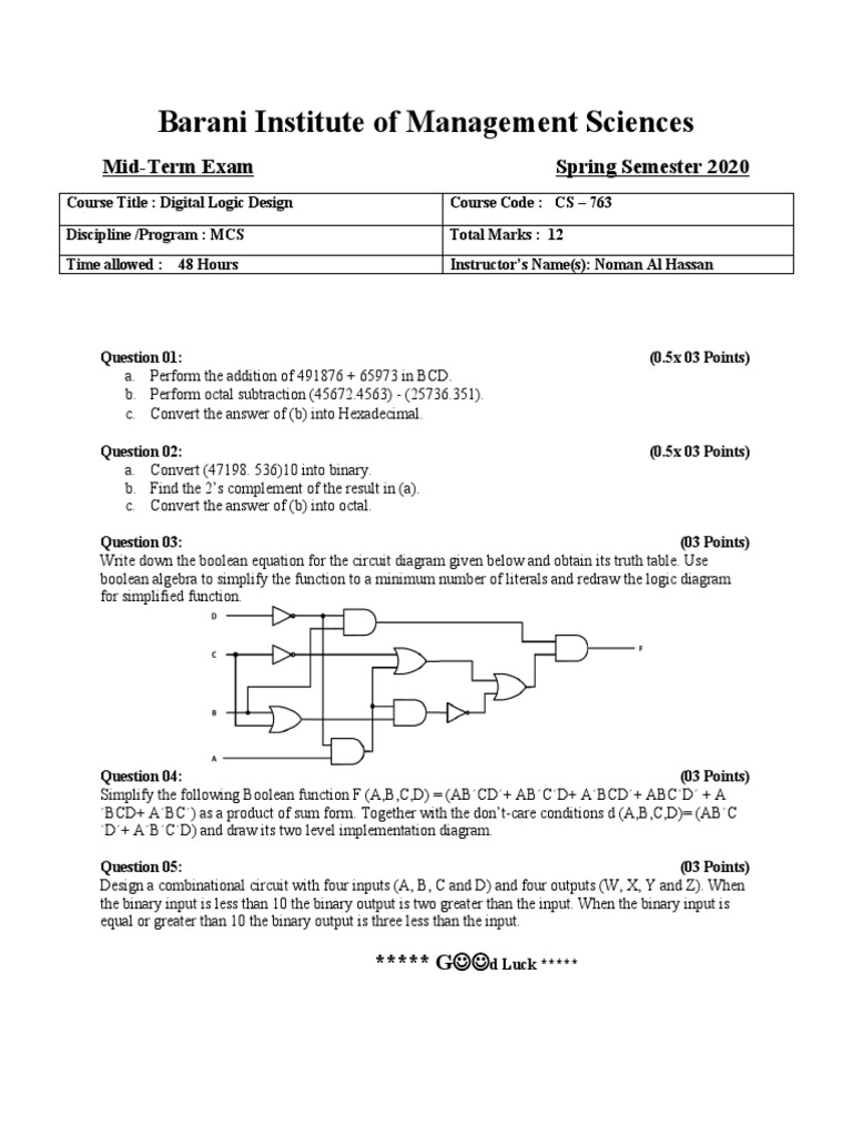 Digital Logic Design Mid Paper | PDF
