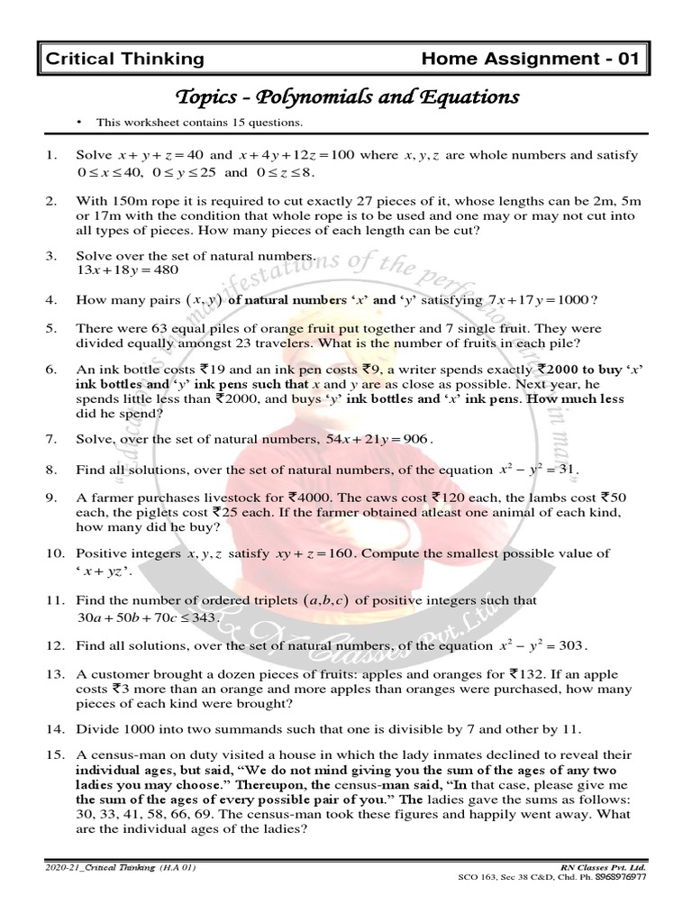 Topics - Polynomials and Equations: Critical Thinking Home Assignment ...