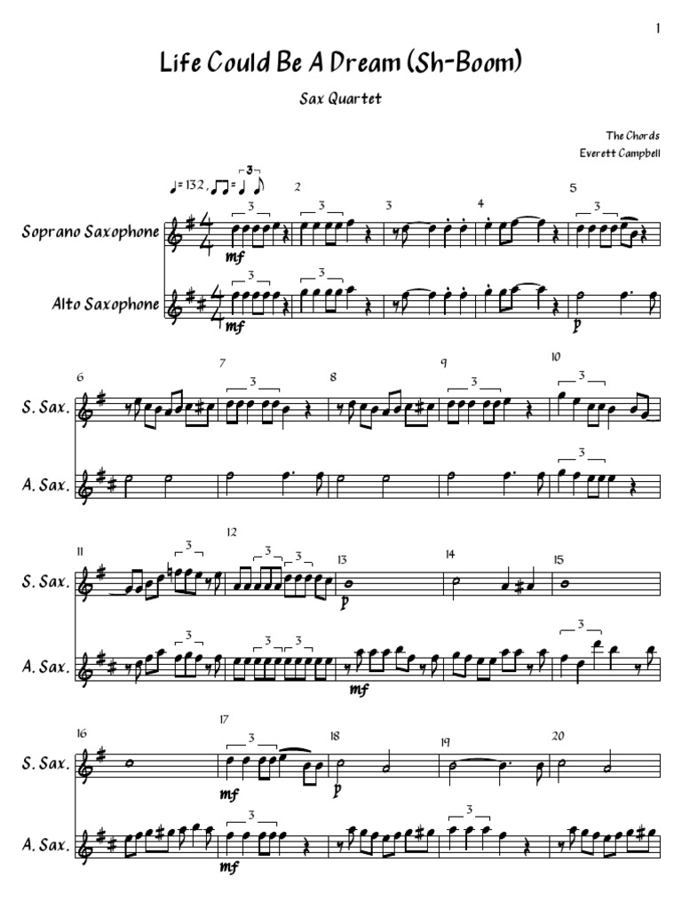Sheet music for 'Life Could Be A Dream (Sh-Boom)' performed by a saxophone quartet | PDF ...