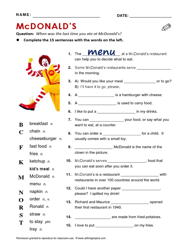 MC Donalds Worksheet | PDF | Mc Donald's | Fast Food