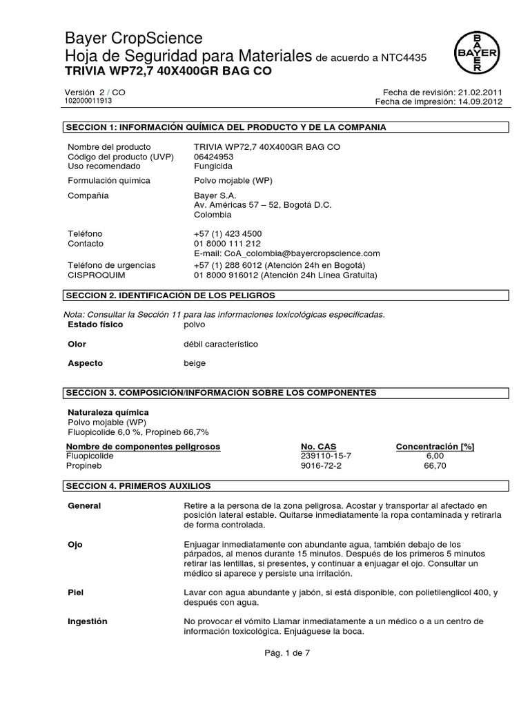 Hoja de seguridad Bayer CropScience fungicida Trivia WP | PDF ...
