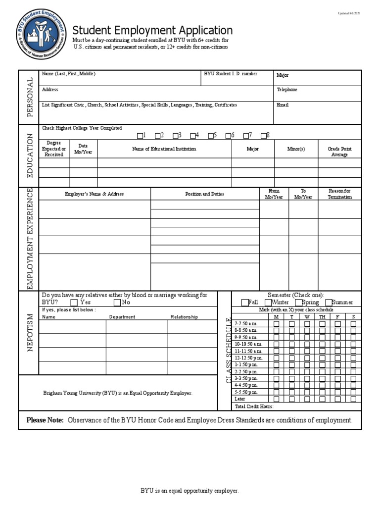 Student Employment Application | PDF | Employment | Equal Opportunity
