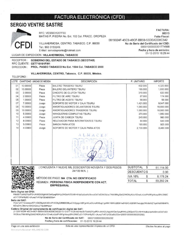 Factura Electrónica CFDI Villahermosa | PDF | Pagos | Tecnología financiera