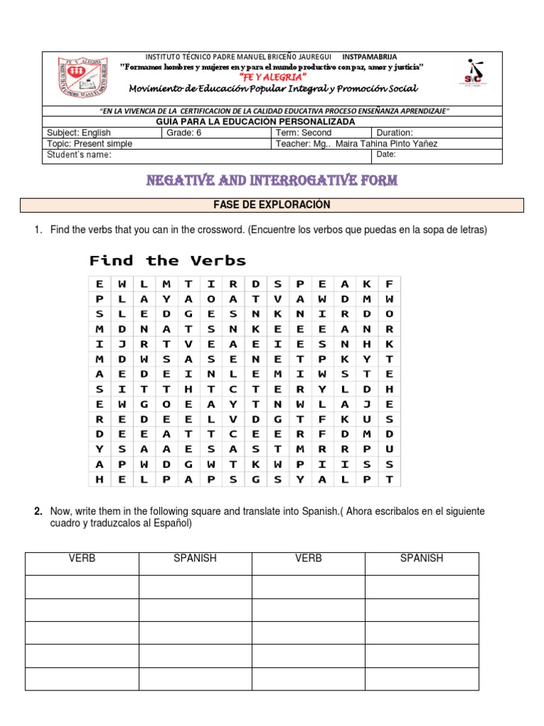 Guia Grado 6 Present Simple Negative and Interrogative Form Colmabrija | PDF
