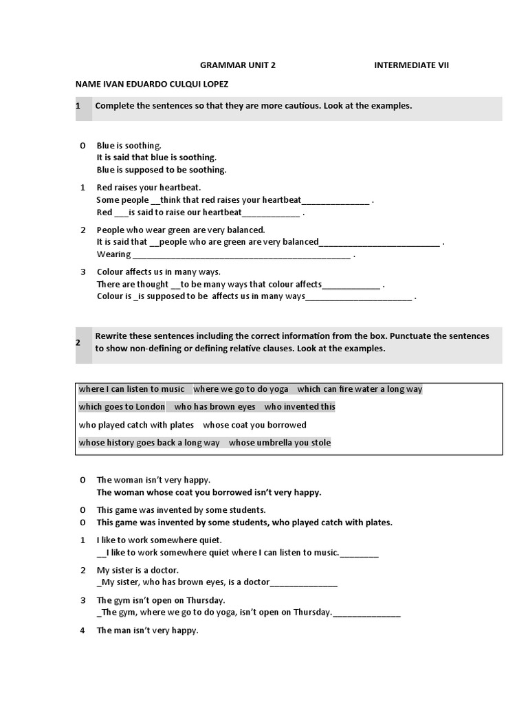 Grammar Unit 2 Intermediate Vii | PDF