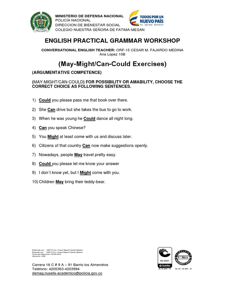 (May-Might/Can-Could Exercises) : English Practical Grammar Workshop | PDF