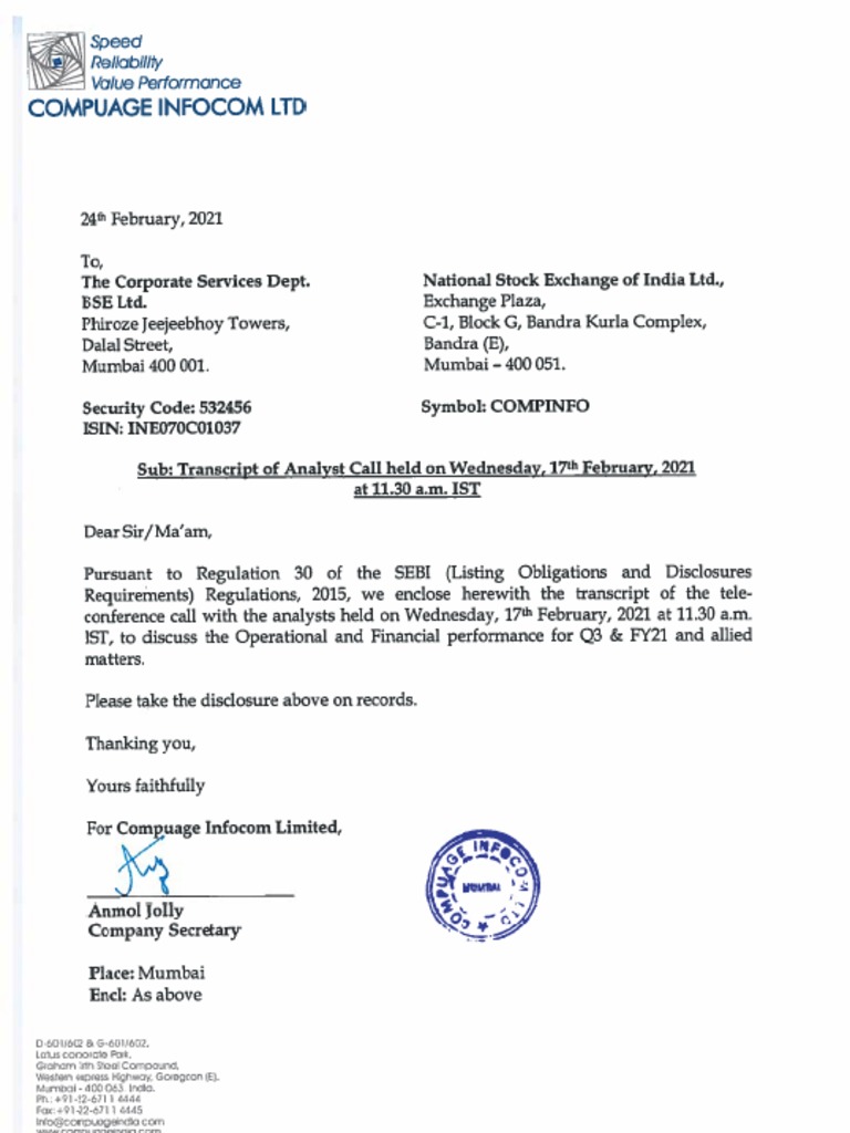 Compuage Infocom LTD: 1ST, To Discuss The Operational and Financial ...