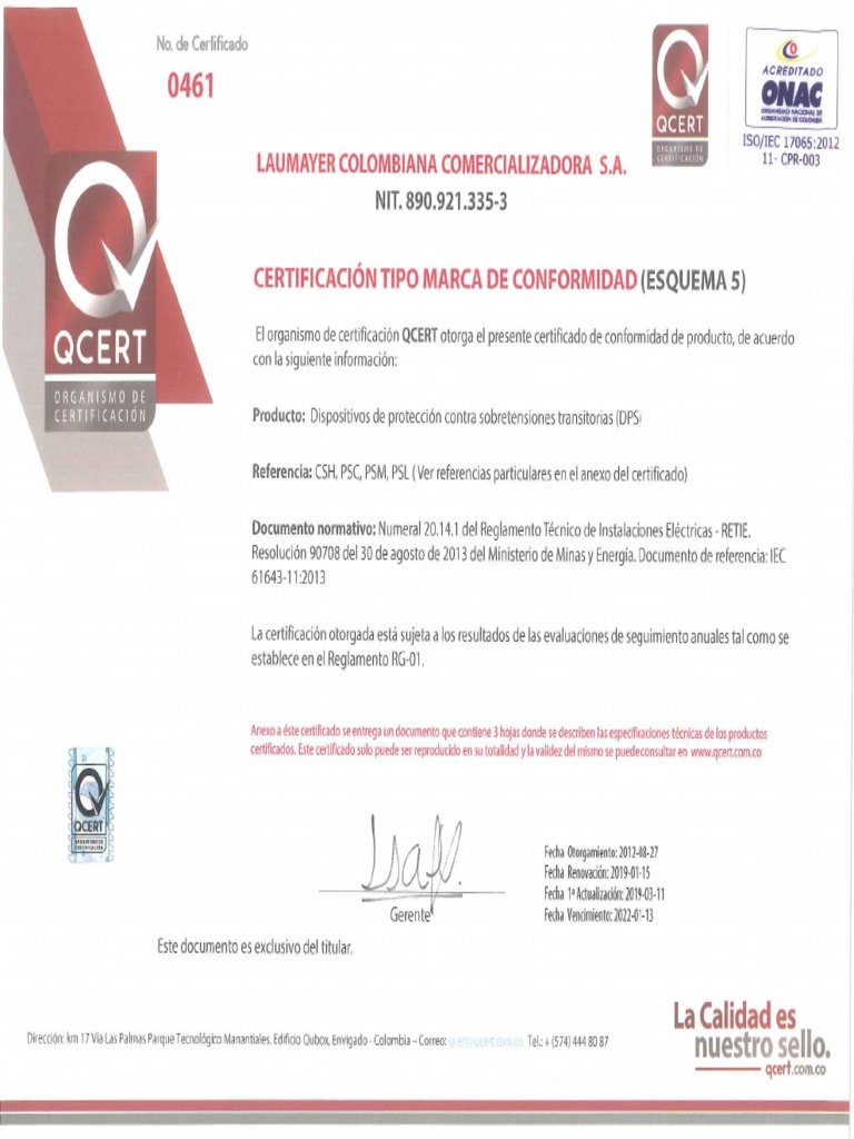 Cirprotec Certificado RETIE Qcert 0461 Familias PSC - PSM - CSH-PSL | PDF