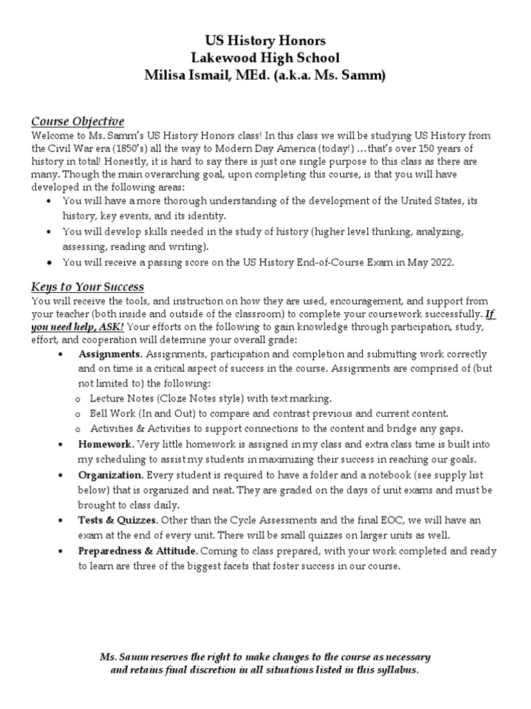 US History Syllabus 2021-2022 | PDF | Test (Assessment) | Academic ...