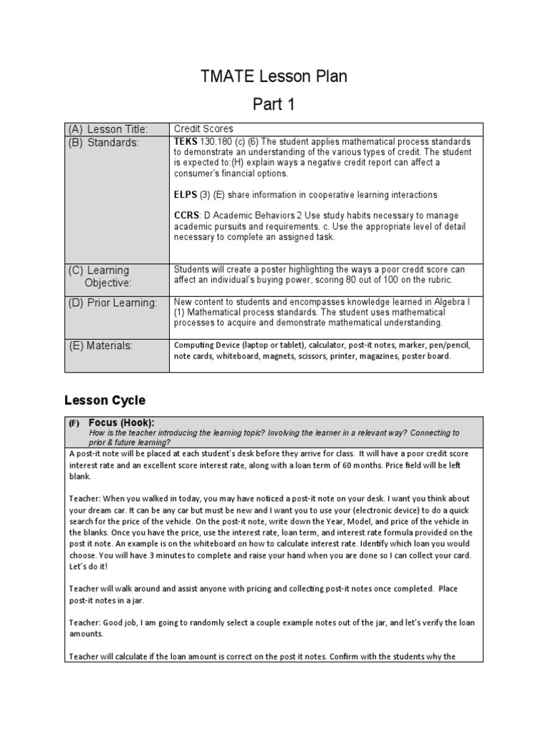 Understanding Credit Scores Lesson Plan | PDF | Credit | Finance ...
