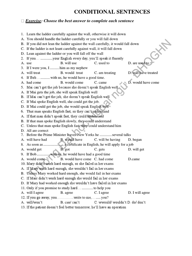 Conditional Sentences: Exercise: Choose The Best Answer To Complete ...