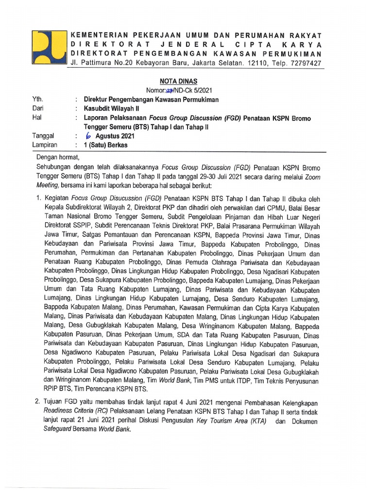 127 ND-Ck5 2021 Laporan Pelaksanaan FGD Penataan KSPN BTS Tahap I Dan Tahap II. | PDF