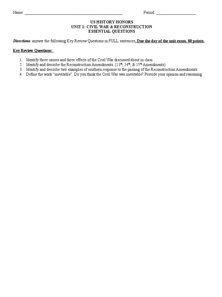 Civil War & Reconstruction Review | PDF