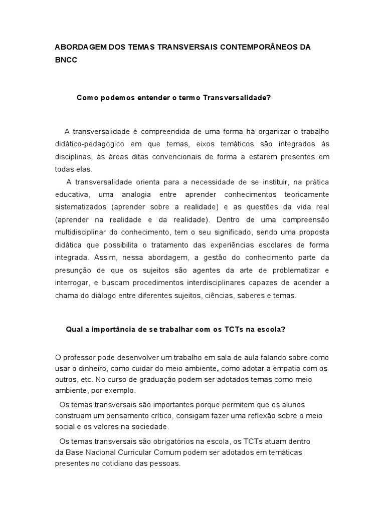 Abordagem Dos Temas Transversais Contemporâneos Da BNCC | PDF ...