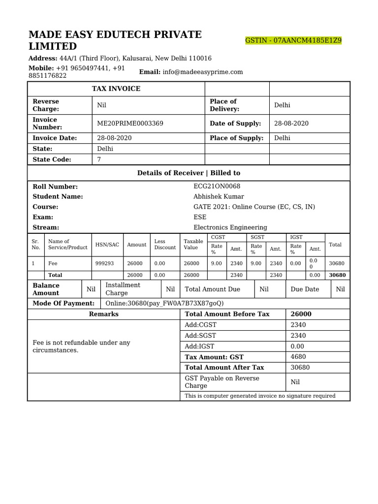 Made Easy Edutech Private Limited: Tax Invoice | PDF | Government ...