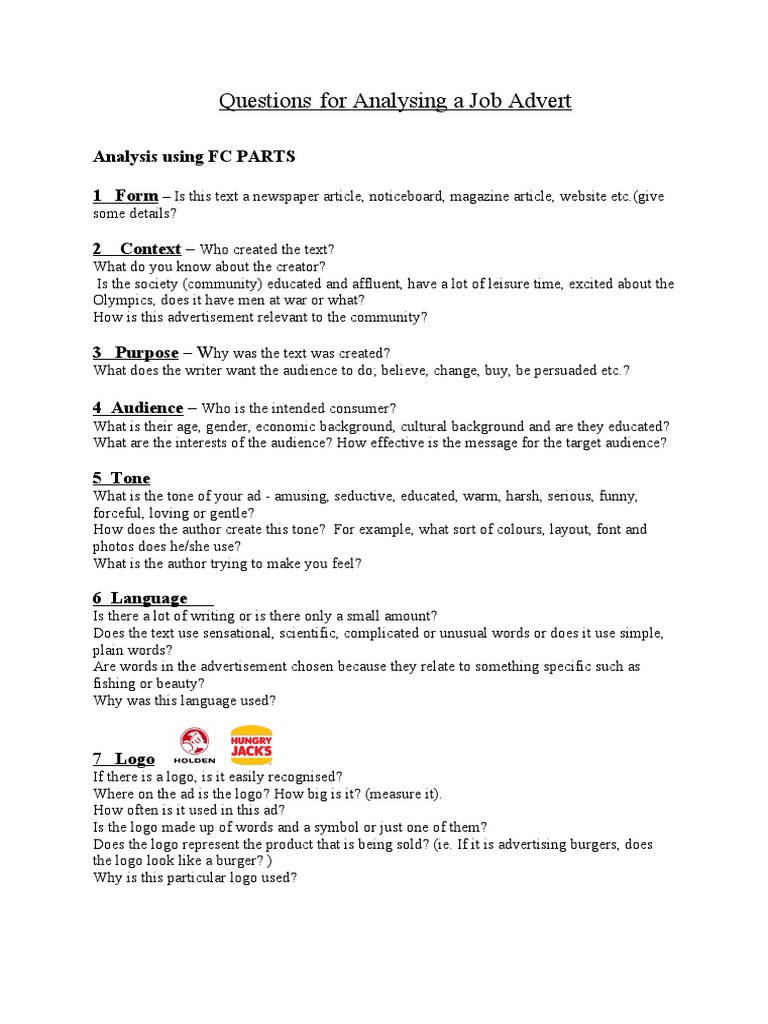 Analysing An Advert - Simplified Questions | PDF | Advertising | Page ...