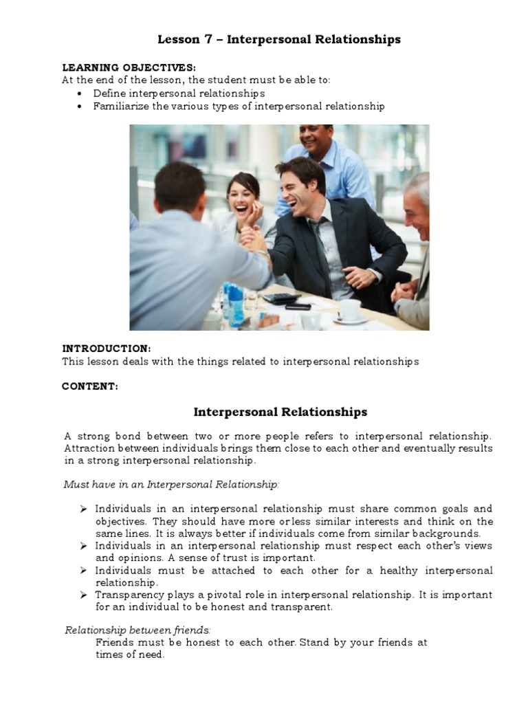 Lesson 7 - Interpersonal Relationships: Learning Objectives | PDF ...