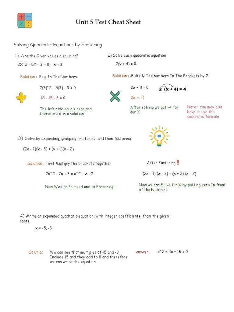Unit 5 Test Cheat Sheet: Solving Quadratic Equations by Factoring 1) A ...