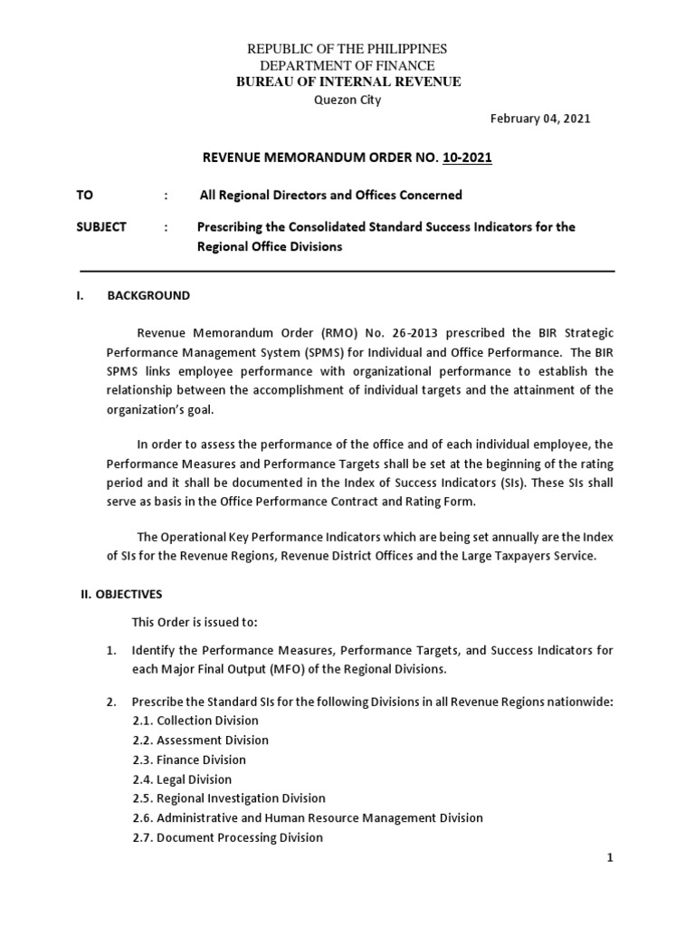 Consolidated Standard Success Indicators for Regional Office Divisions ...
