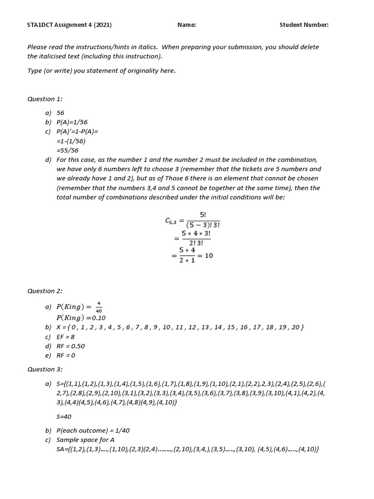 STA1DCT Assignment 4 (2021) Name: Student Number | PDF