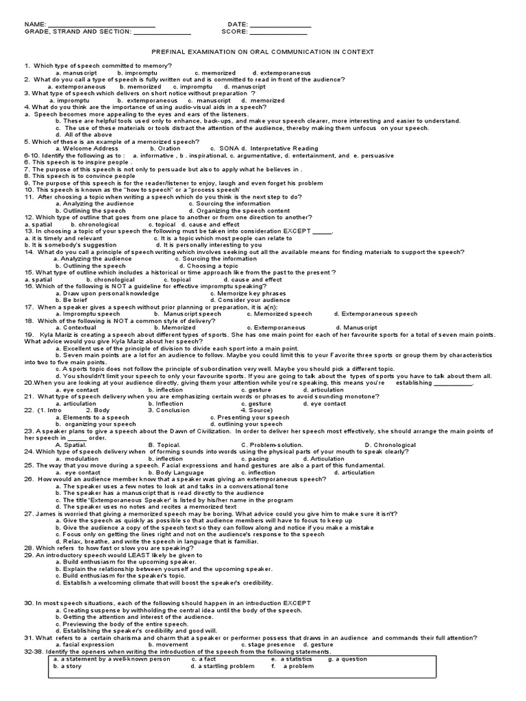 Prefinal Examination On Oral Communication in Context | PDF | Speech | Gesture