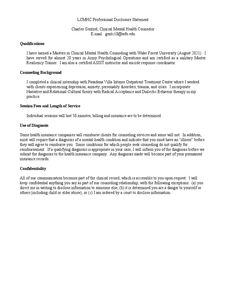 Professional Disclosure Statement Charles Gentzel | PDF | Psychotherapy ...