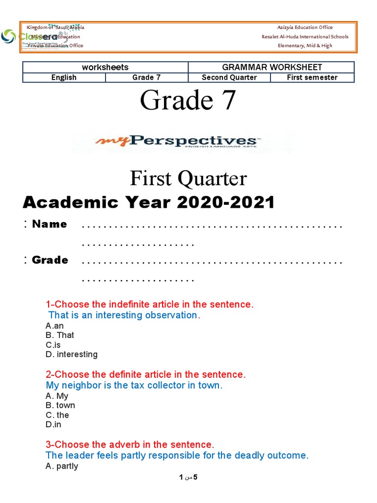Grade 7 English Grammar Worksheets | PDF | Adverb | Adjective