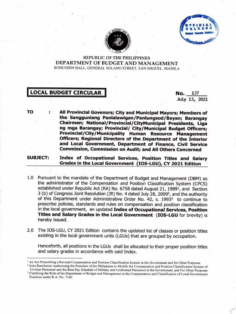 DBM Circular No. 137: Updated Index of Occupational Services for LGUs | PDF | Internal Audit ...