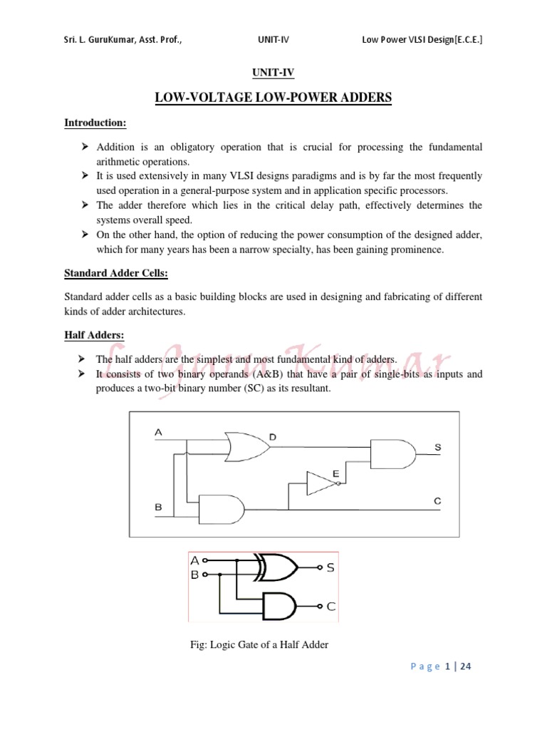 Low-Voltage Low-Power Adders: Unit-Iv | PDF | Logic Gate | Cmos