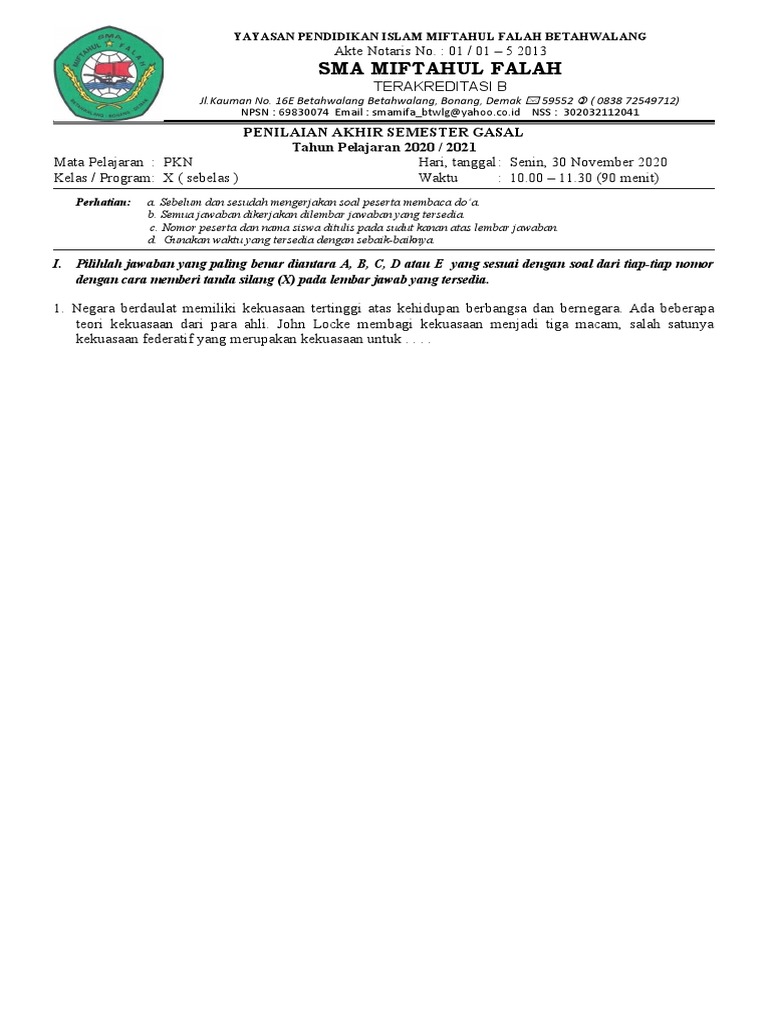 Soal PAS PPKN X Kirim | PDF | Politik