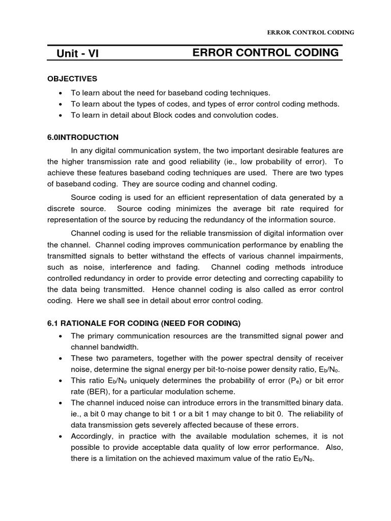 Unit - VI Error Control Coding: Objectives | PDF | Error Detection And Correction | Data ...