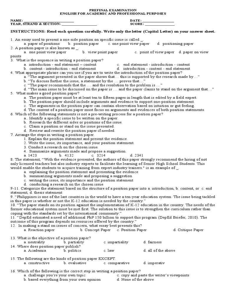 INSTRUCTIONS: Read Each Question Carefully. Write Only The Letter ...