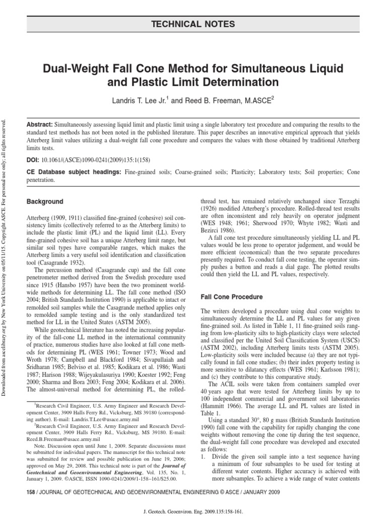 Dual Weight Fall Cone Method For Simultaneous Liquid and Plastic Limit ...