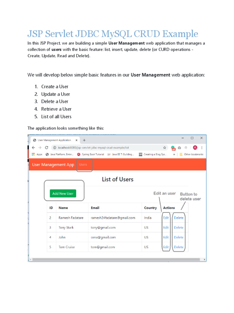 Jsp Servlet Jdbc Mysql Crud Example Pdf Java Programming Language Internet And Web 
