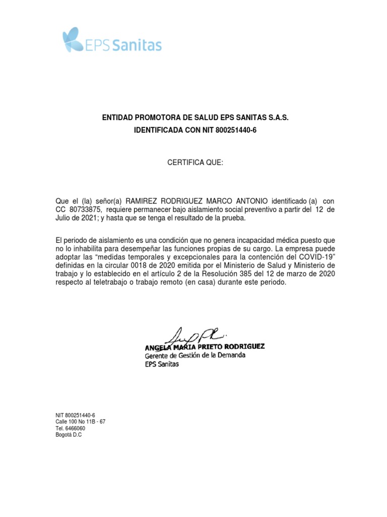 Certificado de Aislamiento Marco Ramirez | PDF