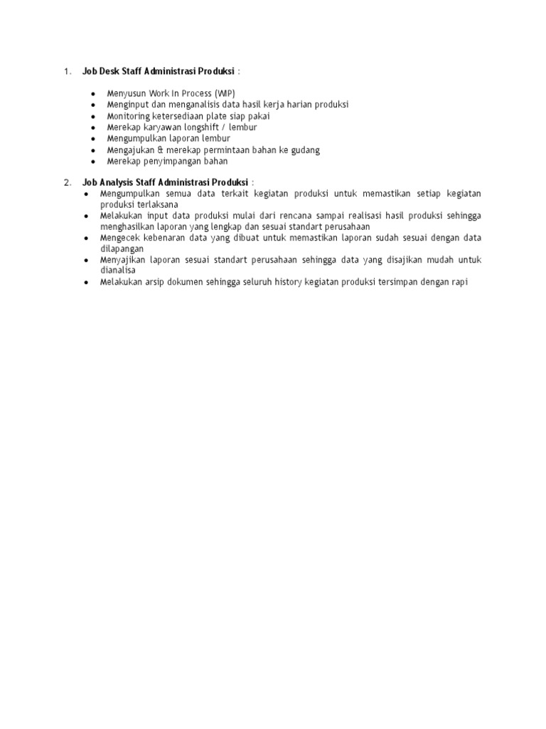 Job Desk Staff Administrasi Produksi | PDF