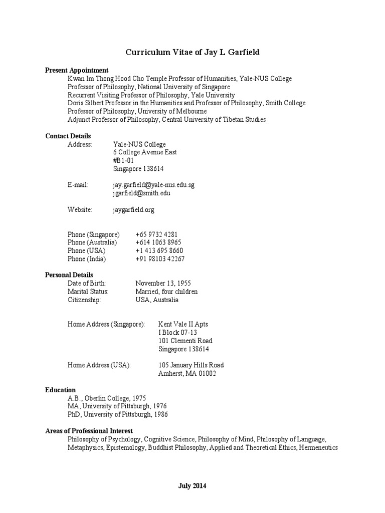 Curriculum Vitae of Jay L Garfield: Present Appointment | PDF ...