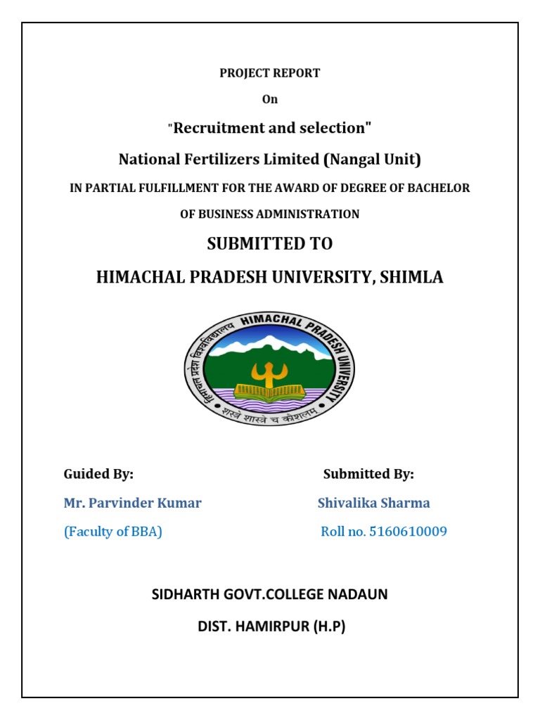 Submitted To Himachal Pradesh University, Shimla: Recruitment and ...