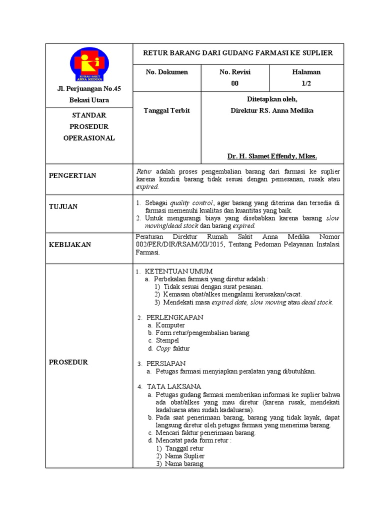 Spo Retur Perbekalan Farmasi | PDF