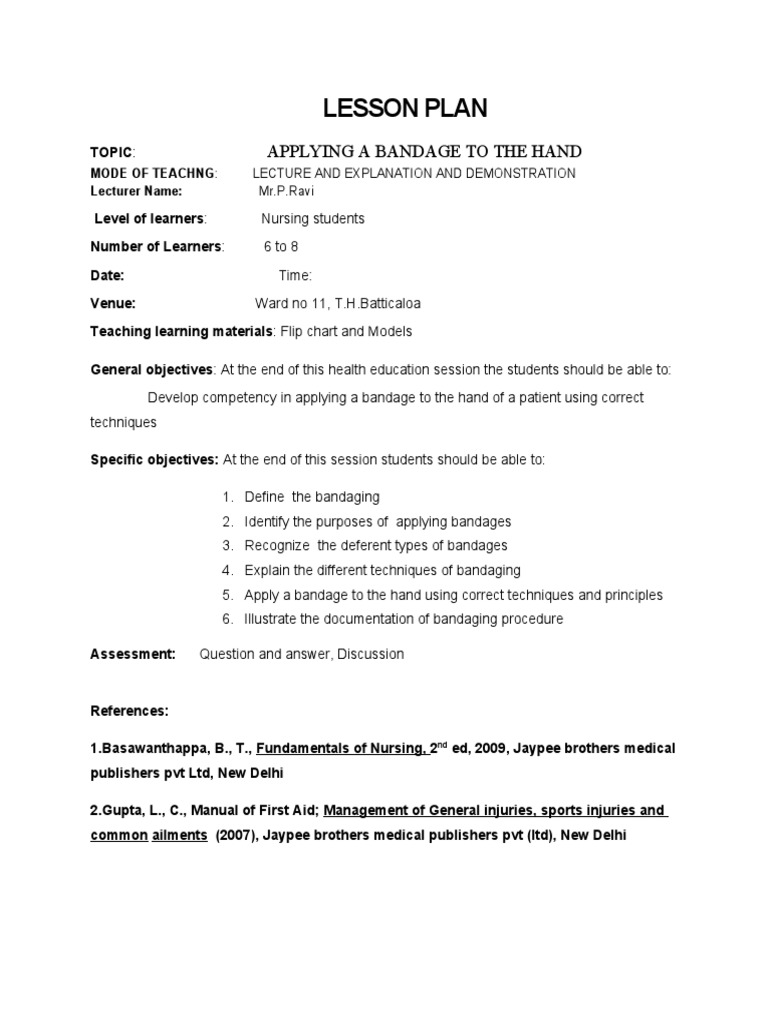 Lesson Plan: Applying A Bandage To The Hand | PDF | Health Care | Learning