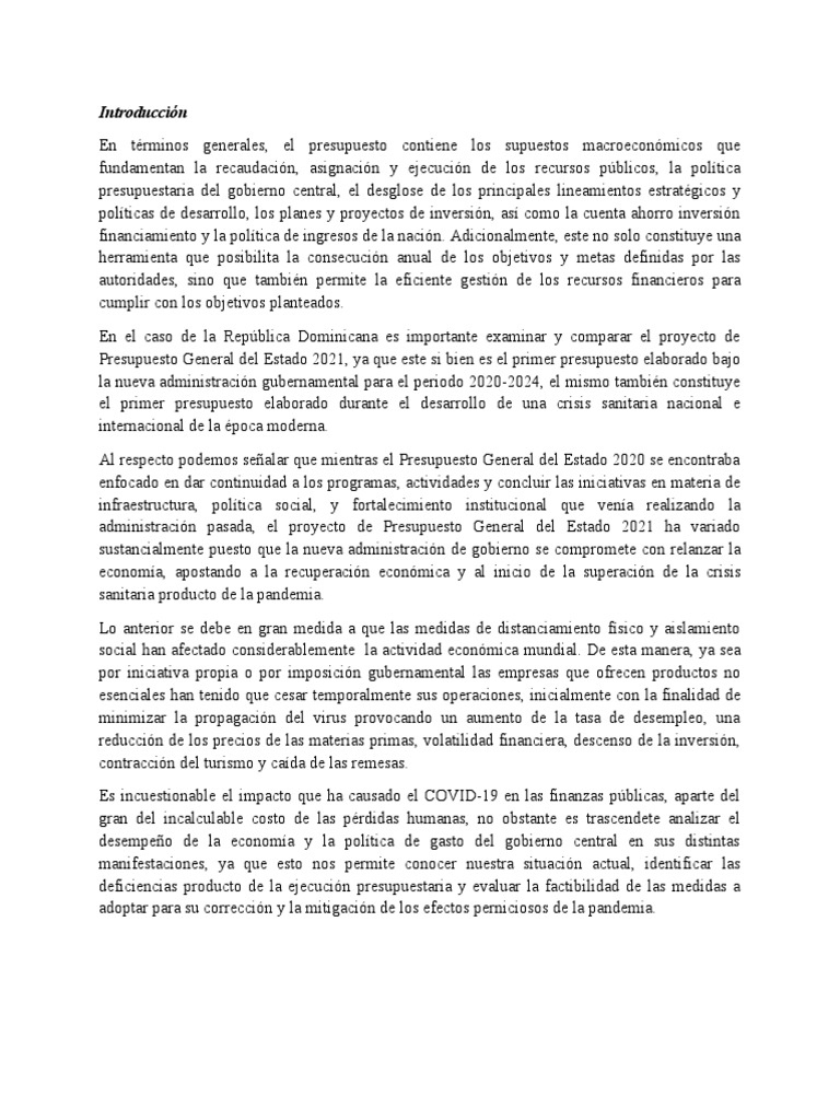 Análisis Comparativo Presupuesto General Del Estado 2020 2021 Pdf