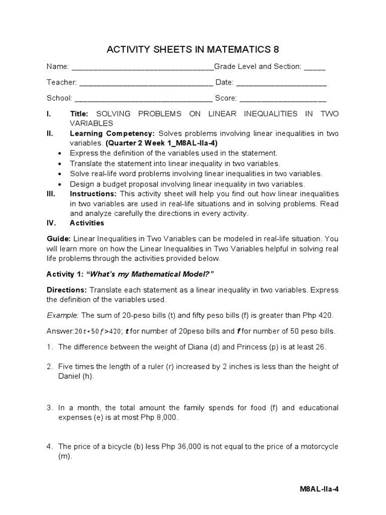 Solving Problems Involving Linear Inequalities | PDF | Linearity ...