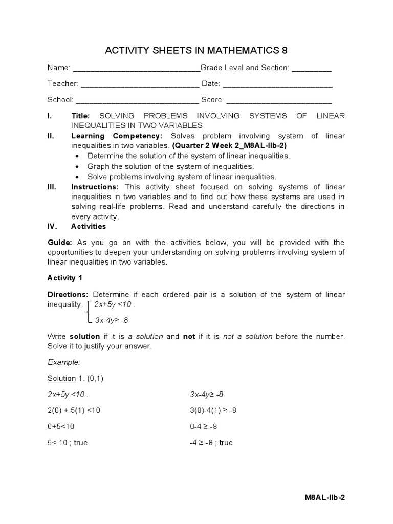 Solving Problems Involving Systems of Linear Inequalities | PDF | Equations | Linearity