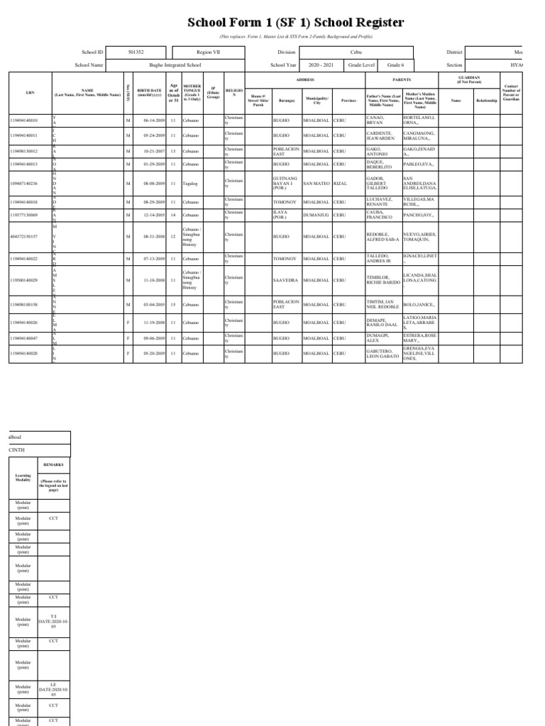 School Form 1 (SF 1) School Register | PDF
