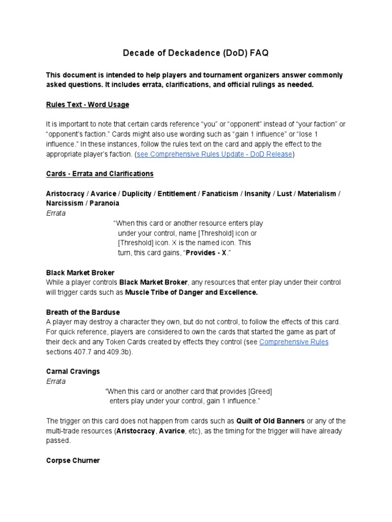 Decade of Deckadence (Dod) Faq: See Comprehensive Rules Update Dod Release | Download Free PDF ...