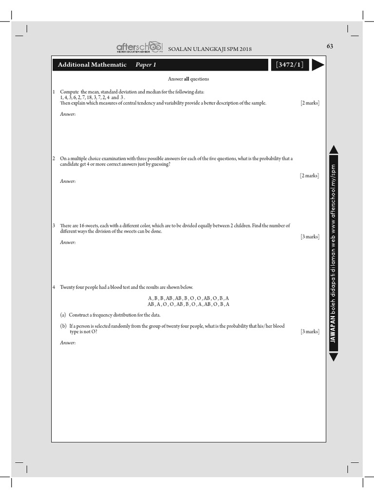 Additional Mathematic Paper 1 3472 1 63 Soalan Ulangkaji Spm 2018