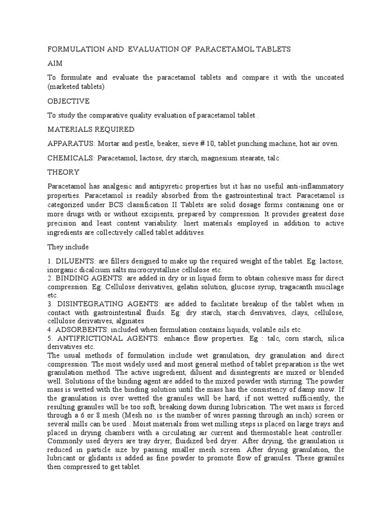 Evaluation Of Paracetamol Tablets Formulated Using Wet Granulation Method Compared To Marketed